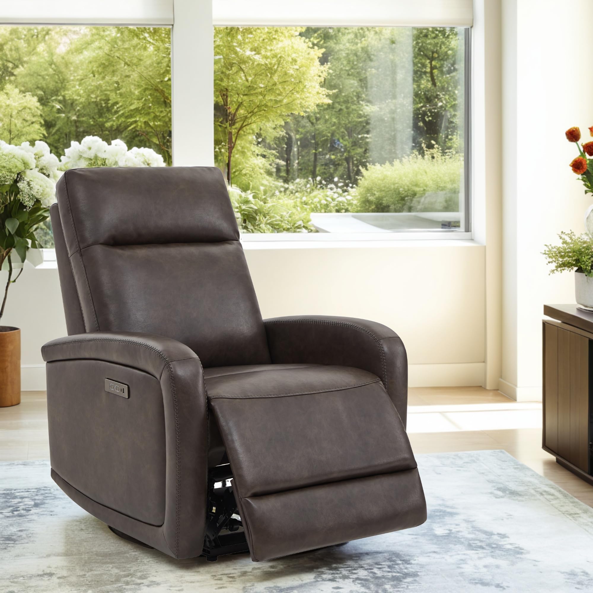 Watson & Whitely Recliner Chair, Zero Wall Reclining Sofa Chair W Power Headrest Type-C Charger, Small Faux Leather RV Recliners Home Theater Seating for Living Room, Chocolate