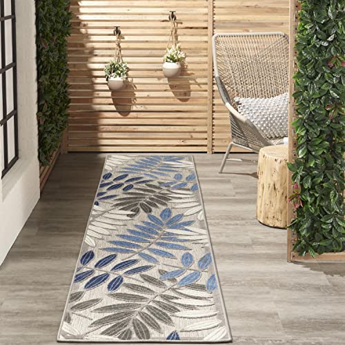 Nourison Aloha Indoor/Outdoor Grey/Blue 2' x 6' Area -Rug, Tropical, Botanical, Easy -Cleaning, Non Shedding, Bed Room, Living Room, Deck, Backyard, (6' x Runner)