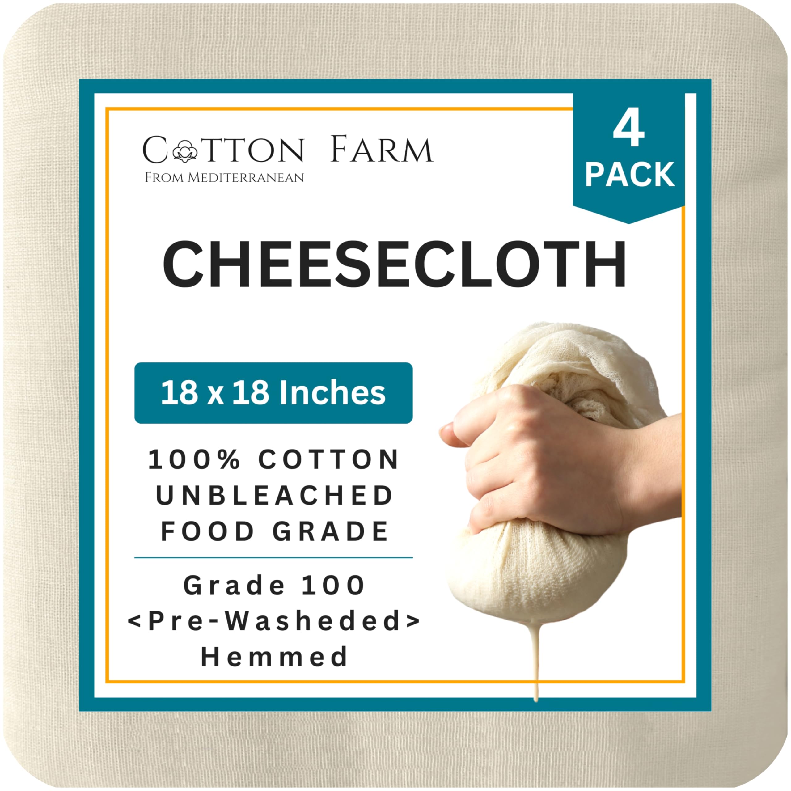 Cotton Farm Cheese Cloths, Grade 100 – 20x20 inch Hemmed, Unbleached, 100% Cotton, Ultra Fine Reusable Muslin Cheesecloth for Straining, Cooking, Baking,