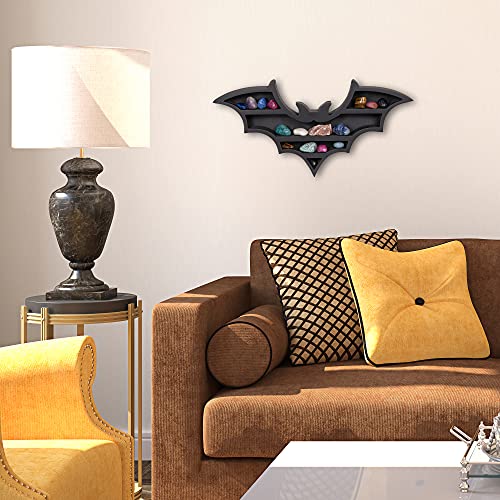 RUSTIX Black Vampire Bat Shelf - Crystal Holder for Spooky Horror Gothic Witchy Room Decor - Wall Mounted Hanging Floating Wooden Shelves for Goth Kitchen Bedroom or Bathroom