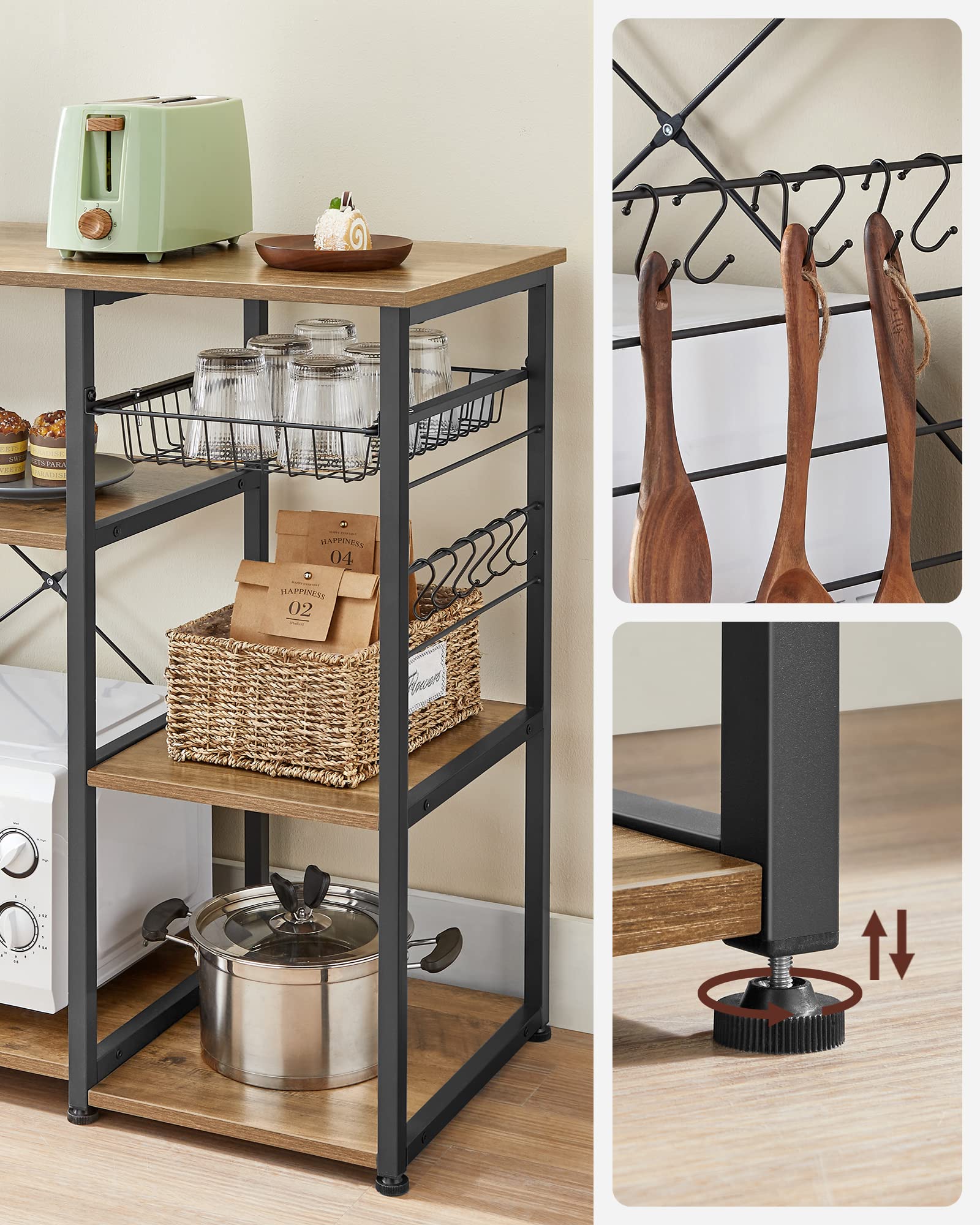 VASAGLE ALINRU Kitchen Baker’s Rack, Coffee Bar, Microwave Oven Stand, with Steel Frame, Wire Basket, 6 Hooks, for Mini Oven, Spices Utensils, Industrial, Rustic Walnut and Black UKKS090B41