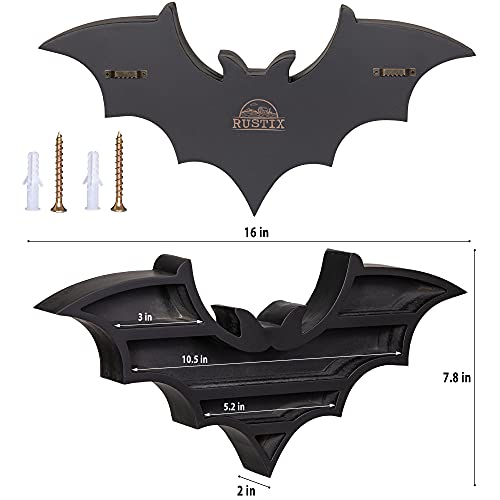 RUSTIX Black Vampire Bat Shelf - Crystal Holder for Spooky Horror Gothic Witchy Room Decor - Wall Mounted Hanging Floating Wooden Shelves for Goth Kitchen Bedroom or Bathroom