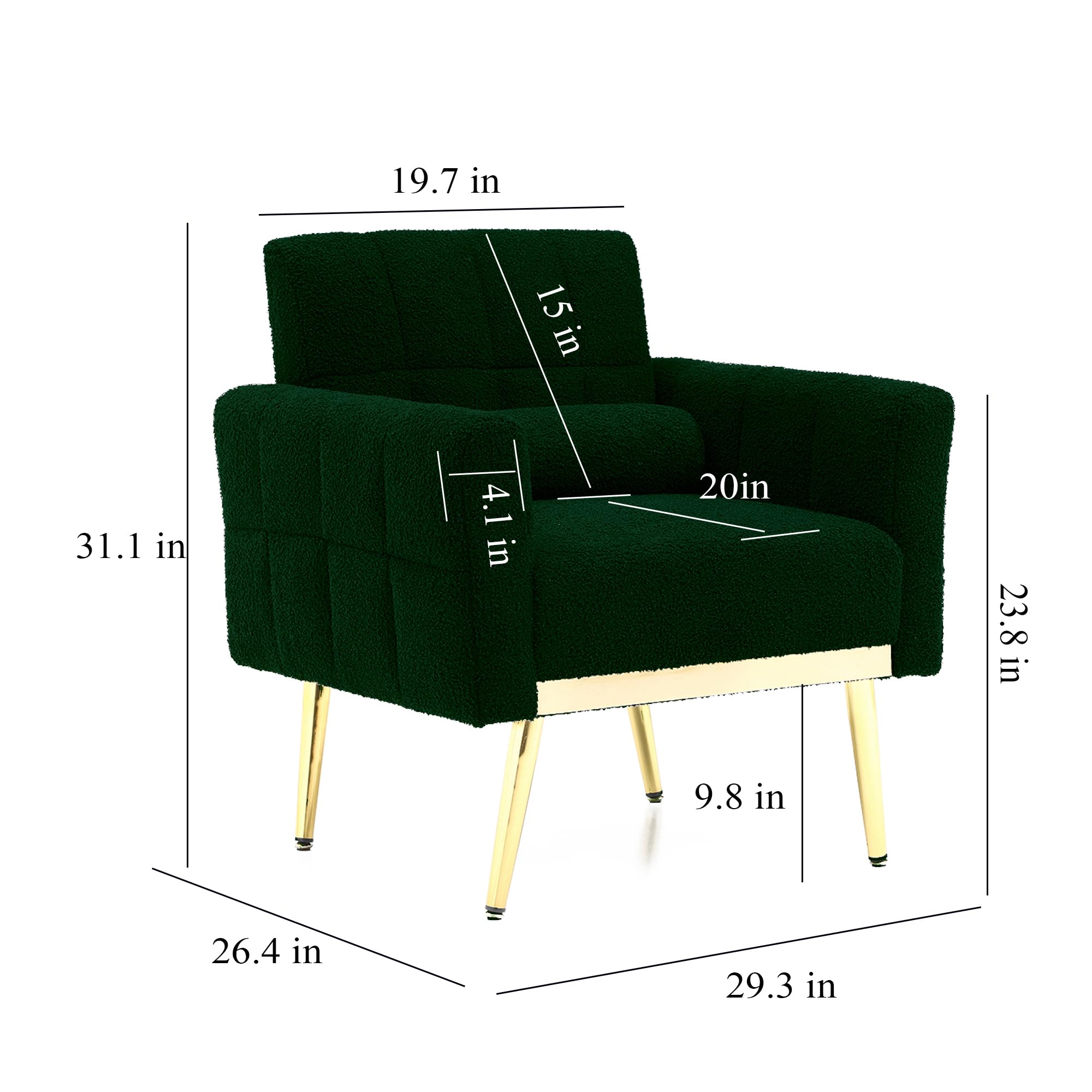 Penifun Teddy Accent Modern Side Gold Legs & Waist Pillow, Single Sofa Couch Armchair Reading Chairs for Living Waiting Room Bedroom Green