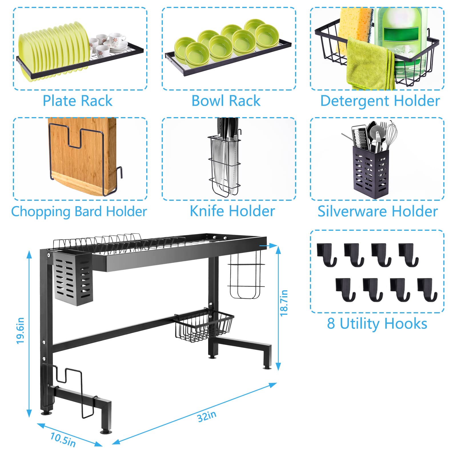 LAXIA Over The Sink Dish Drying Rack , 2-Tier Stainless Steel with detergent holder-chopstick rest-chopping board holder-8 utility hooks-for Kitchen Counter Space Saving(34inch) (2 tiers)