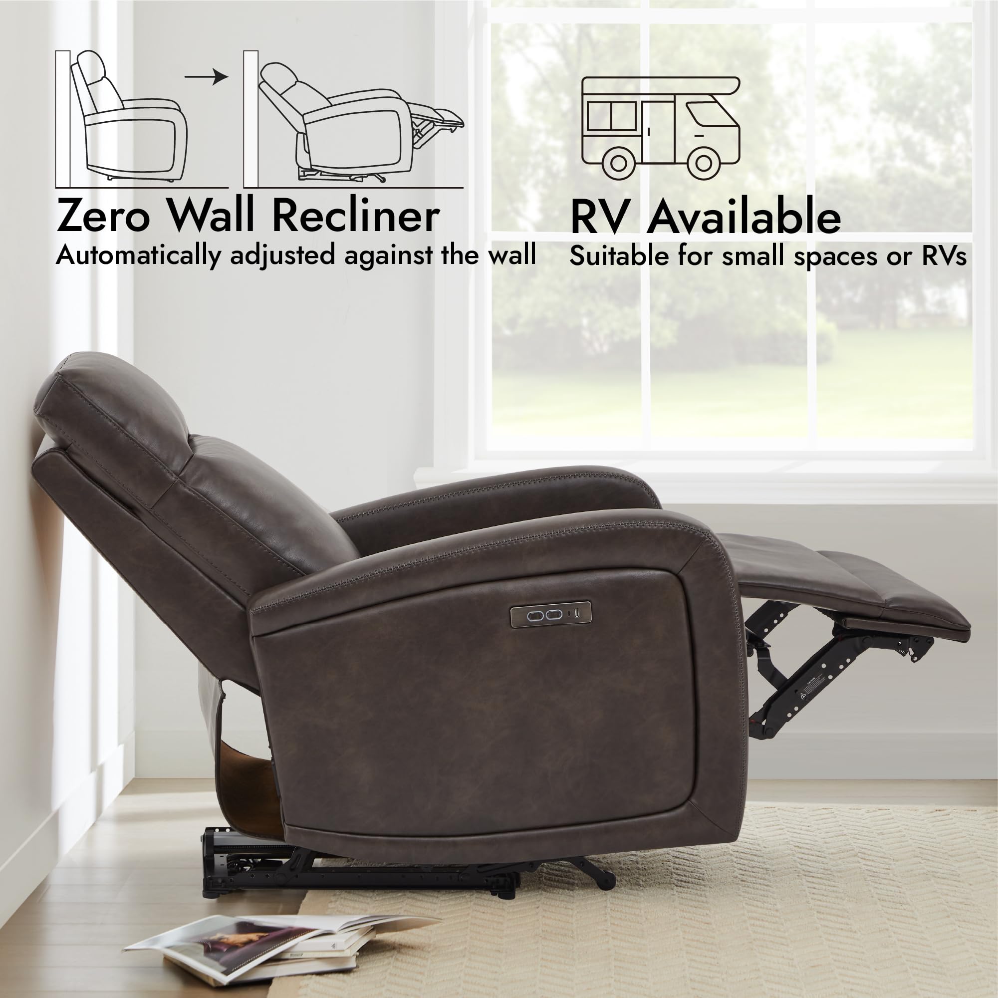 Watson & Whitely Recliner Chair, Zero Wall Reclining Sofa Chair W Power Headrest Type-C Charger, Small Faux Leather RV Recliners Home Theater Seating for Living Room, Chocolate
