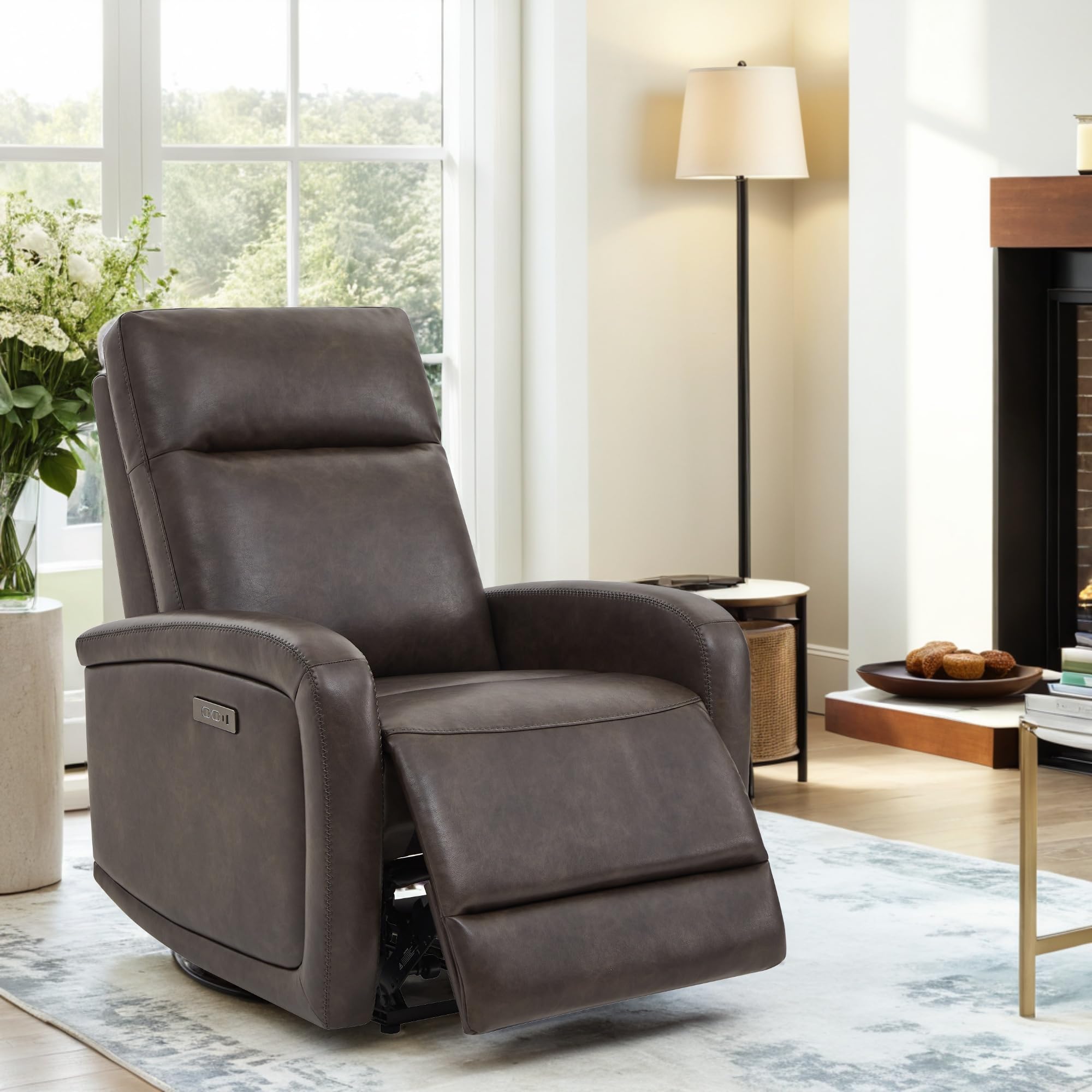 Watson & Whitely Recliner Chair, Zero Wall Reclining Sofa Chair W Power Headrest Type-C Charger, Small Faux Leather RV Recliners Home Theater Seating for Living Room, Chocolate