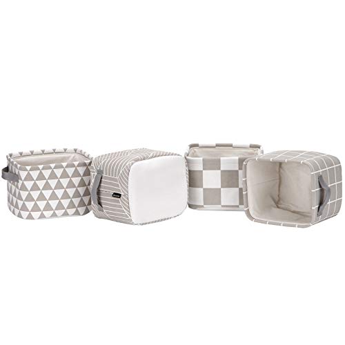 Sea Team Foldable Mini Square New Grey and White Geometric Theme 100% Natural Linen & Cotton Fabric Storage Bins Storage Baskets Organizers for Shelves & Desks - Set of 4 (Grey)