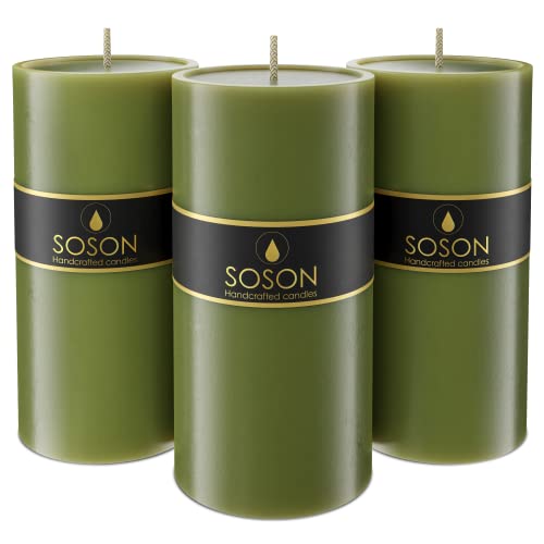 Simply Soson Premium 3x6 Inch Moss Green Pillar Candles Set of 3 - Unscented Candles - Large Candle for Candle Holders Velas Decorativas Green Candles Pillar Colored Candles Fall Pillar Candles Bulk