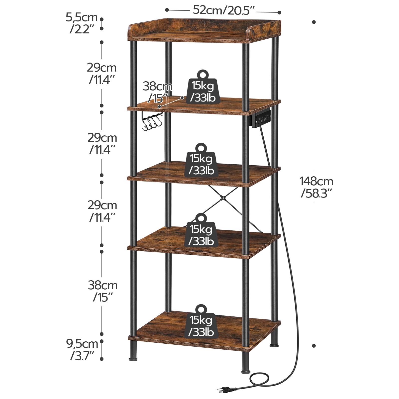 HOOBRO Kitchen Bakers Rack with Power Outlet, 5-Tier Free Standing Kitchen Storage Shelf Rack, Microwave Stand with 4 S-Shaped Hooks, Rustic Brown and Black BF55UHB01