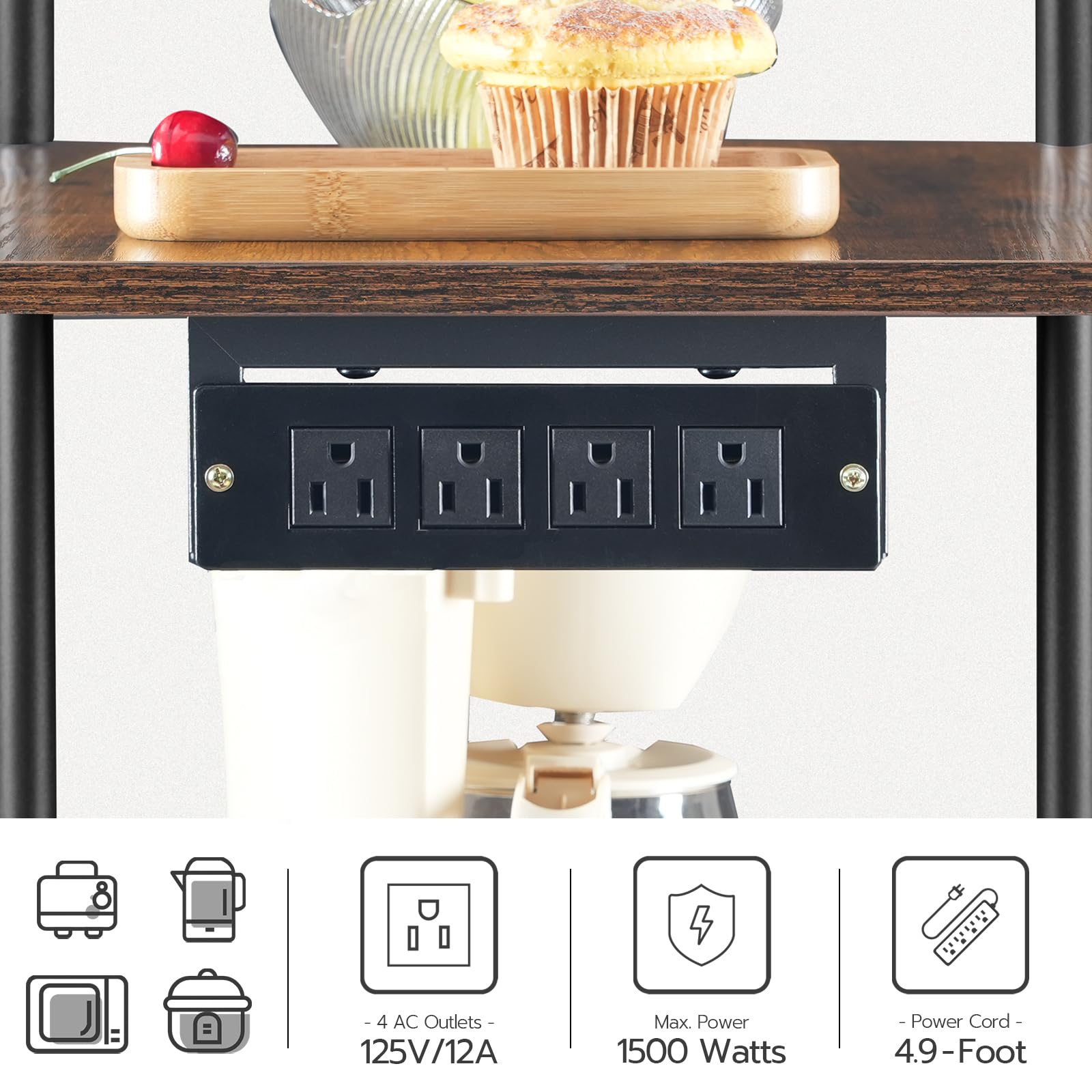HOOBRO Kitchen Bakers Rack with Power Outlet, 5-Tier Free Standing Kitchen Storage Shelf Rack, Microwave Stand with 4 S-Shaped Hooks, Rustic Brown and Black BF55UHB01