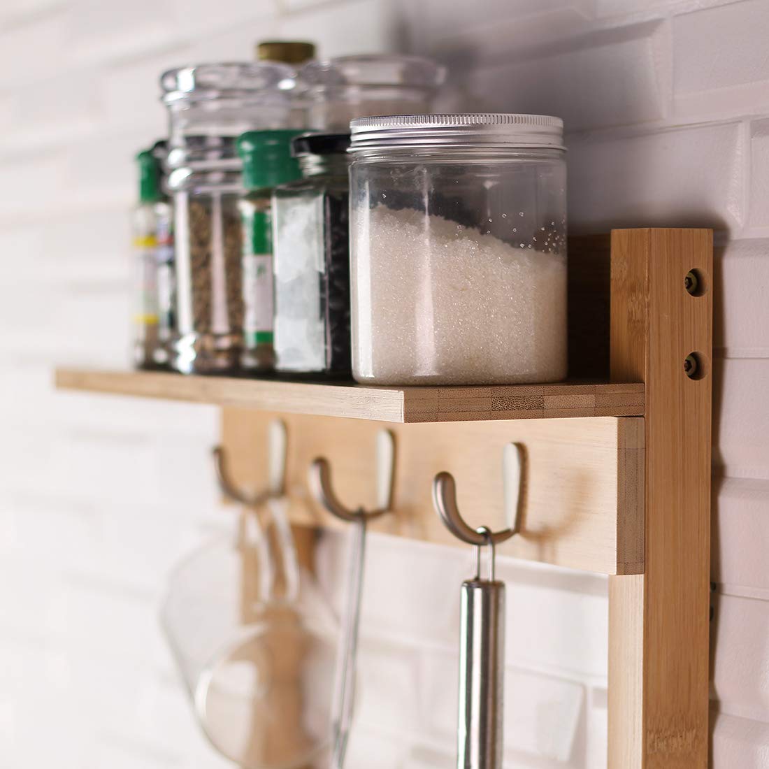 Encozy Coffee Mug Wall Rack, Holder, and Organizer - 7 Hooks Mug with Shelf for Your Favorite Mugs - Adds Charm to Any Kitchen or Office Décor (Bamboo)