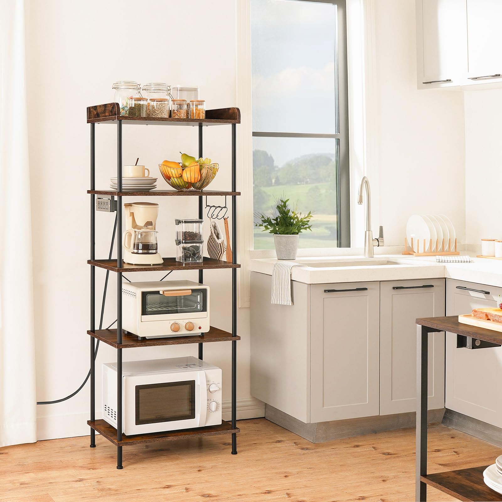 HOOBRO Kitchen Bakers Rack with Power Outlet, 5-Tier Free Standing Kitchen Storage Shelf Rack, Microwave Stand with 4 S-Shaped Hooks, Rustic Brown and Black BF55UHB01