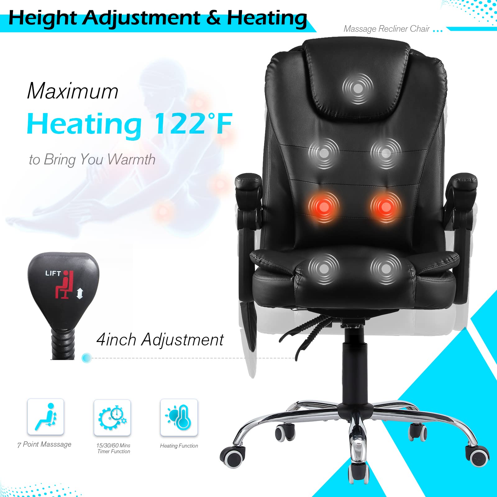 Ergonomic Reclining Office Chair, Heat & Massage High Back Desk Chair w/Adjustable Height, Executive Swivel Leather for Office, Home, Study, Black (13058UBK)