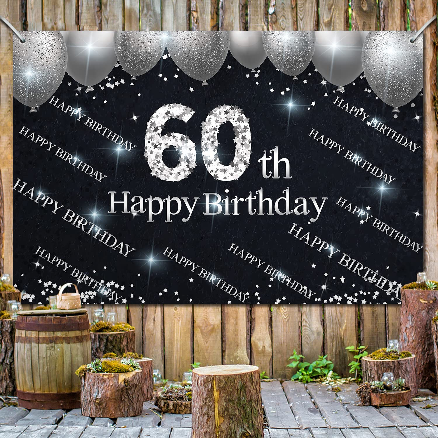 Silver and Black Happy 60th Birthday Backdrop Banner Decorations for Women Men 60 Years Old Bday Background Photography Party Decor Sign Supplies