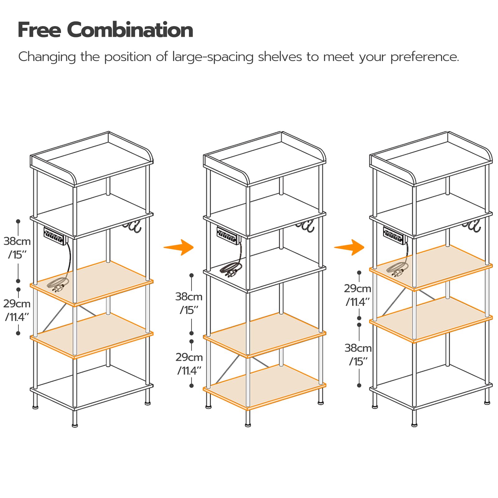 HOOBRO Kitchen Bakers Rack with Power Outlet, 5-Tier Free Standing Kitchen Storage Shelf Rack, Microwave Stand with 4 S-Shaped Hooks, Rustic Brown and Black BF55UHB01
