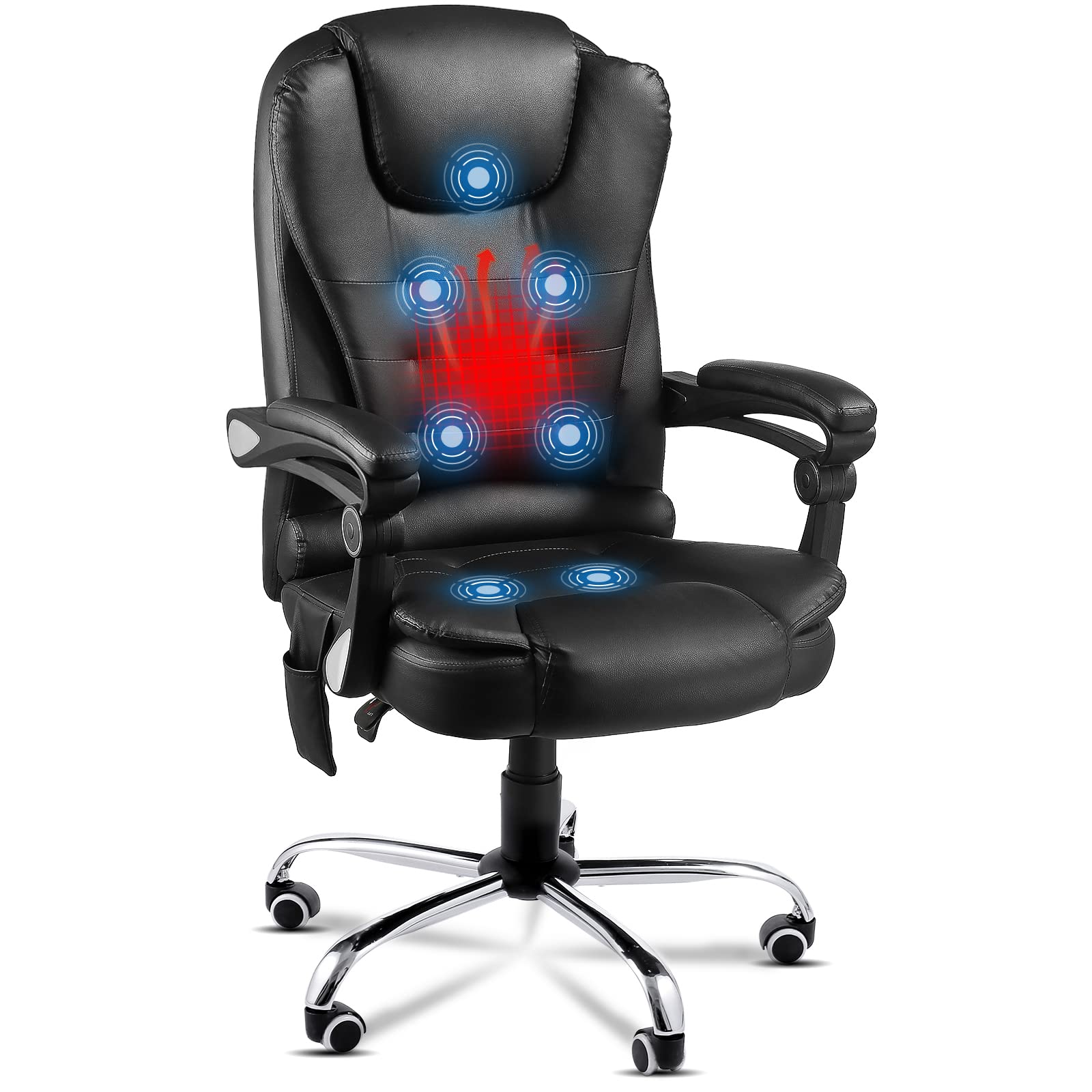 Ergonomic Reclining Office Chair, Heat & Massage High Back Desk Chair w/Adjustable Height, Executive Swivel Leather for Office, Home, Study, Black (13058UBK)