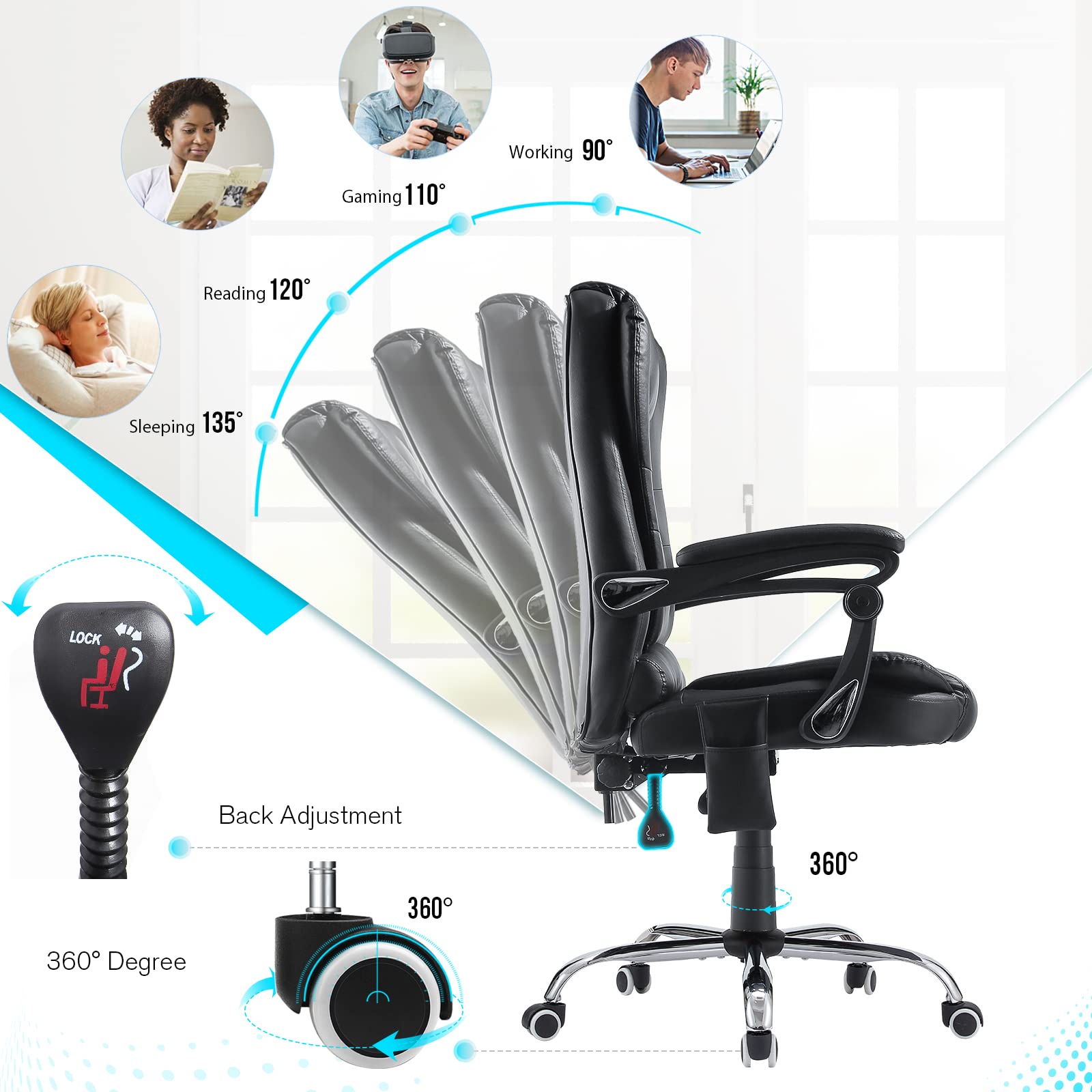 Ergonomic Reclining Office Chair, Heat & Massage High Back Desk Chair w/Adjustable Height, Executive Swivel Leather for Office, Home, Study, Black (13058UBK)