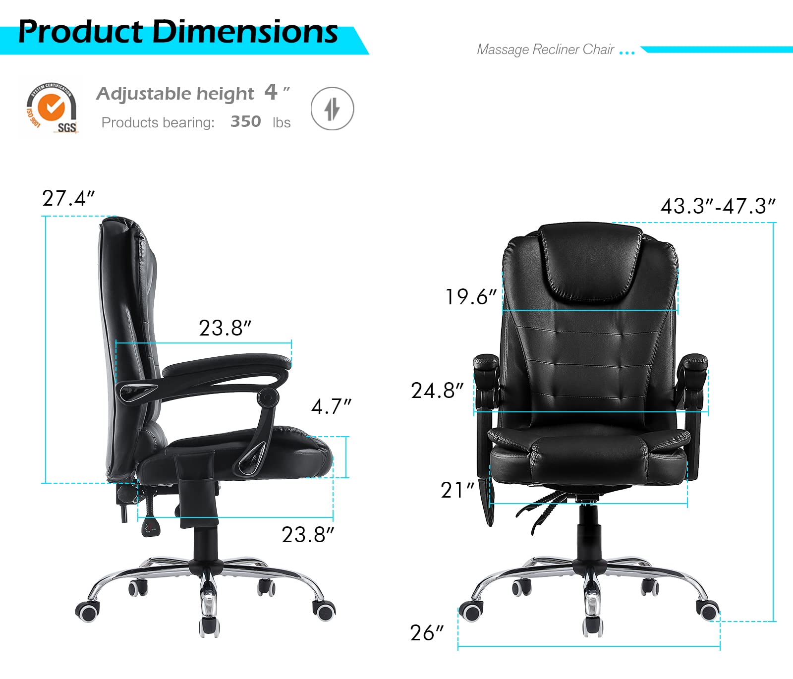 Ergonomic Reclining Office Chair, Heat & Massage High Back Desk Chair w/Adjustable Height, Executive Swivel Leather for Office, Home, Study, Black (13058UBK)