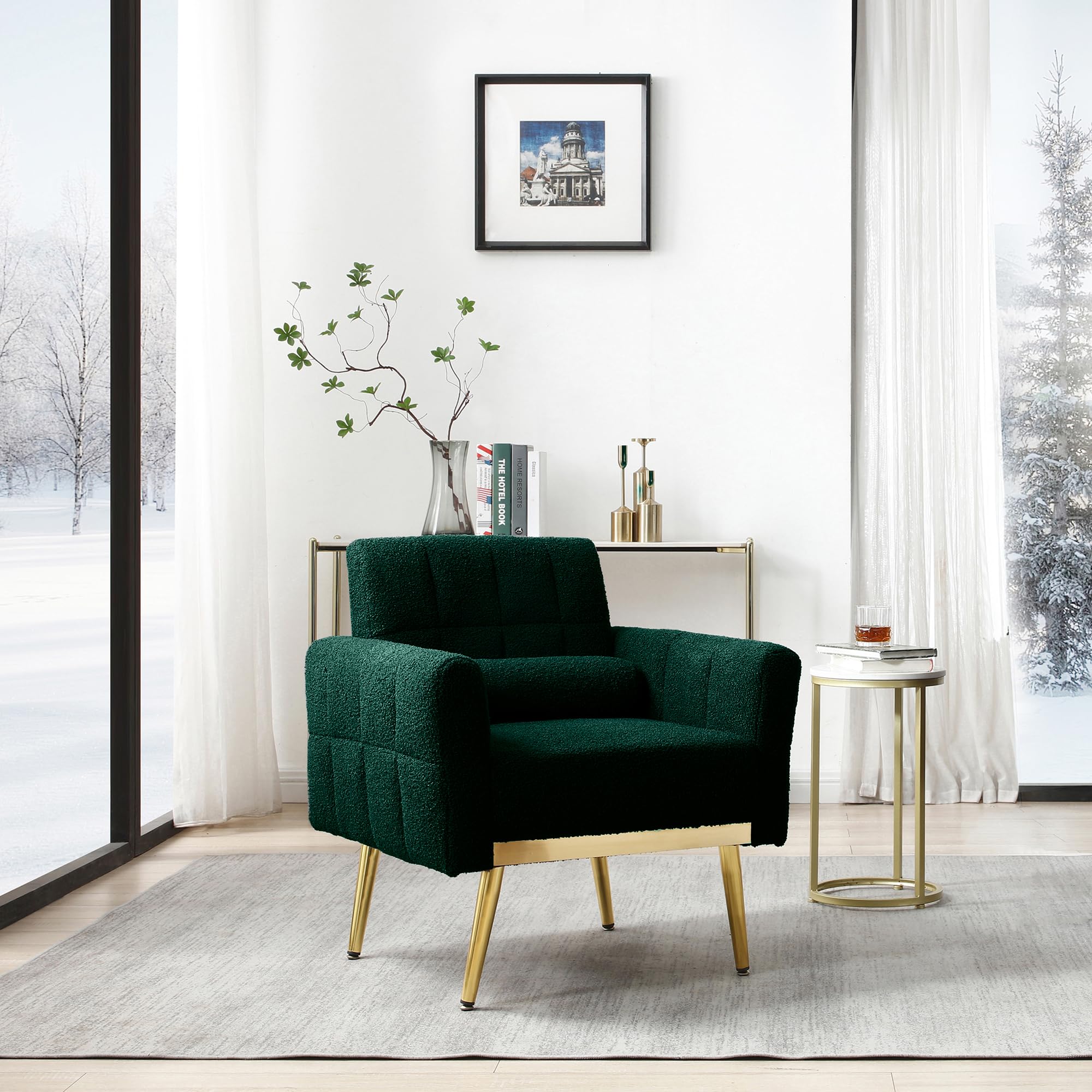 Tiophome Teddy Accent Modern Side Gold Legs & Waist Pillow, Single Sofa Couch Armchair Reading Chairs for Living Waiting Room Bedroom Green