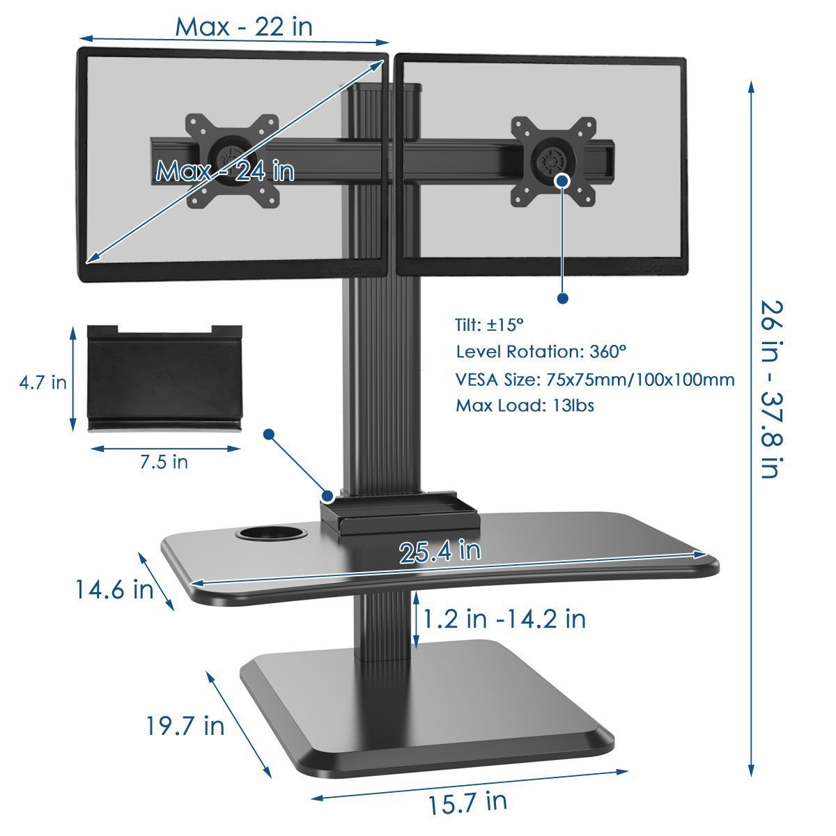 Dual Monitor Desk Converter, Adjustable Standing Desk Converter, Standing Desk Workstation with VESA Mount, Black