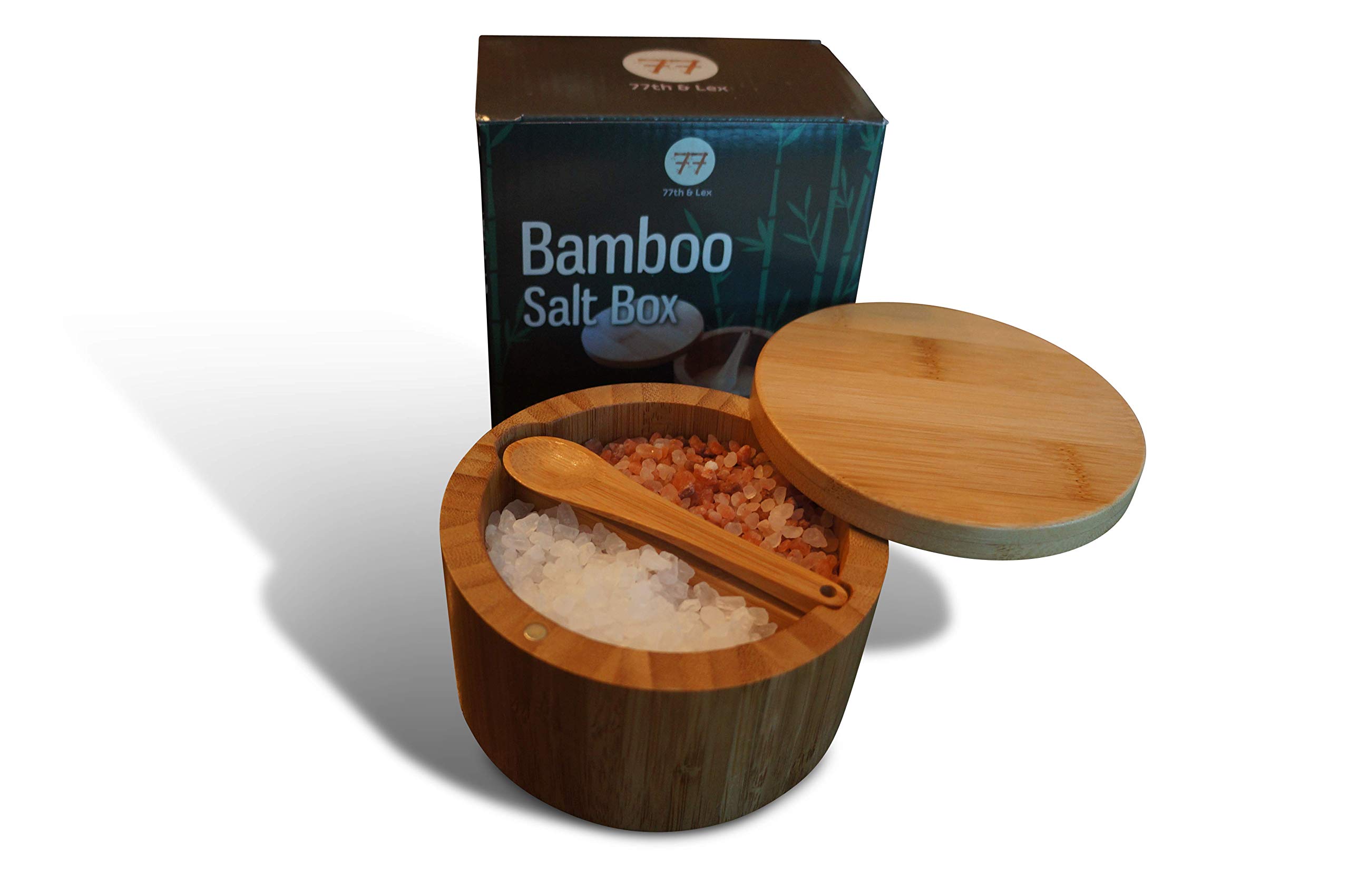 Bamboo Salt and Pepper Box with Magnetic Swivel Lid and Built-in Serving Spoon For Kitchen | Decorative Bath Salt Containers | Wooden Salt Box has Dual 5 Ounce Capacity | Salt Cellar for Counter