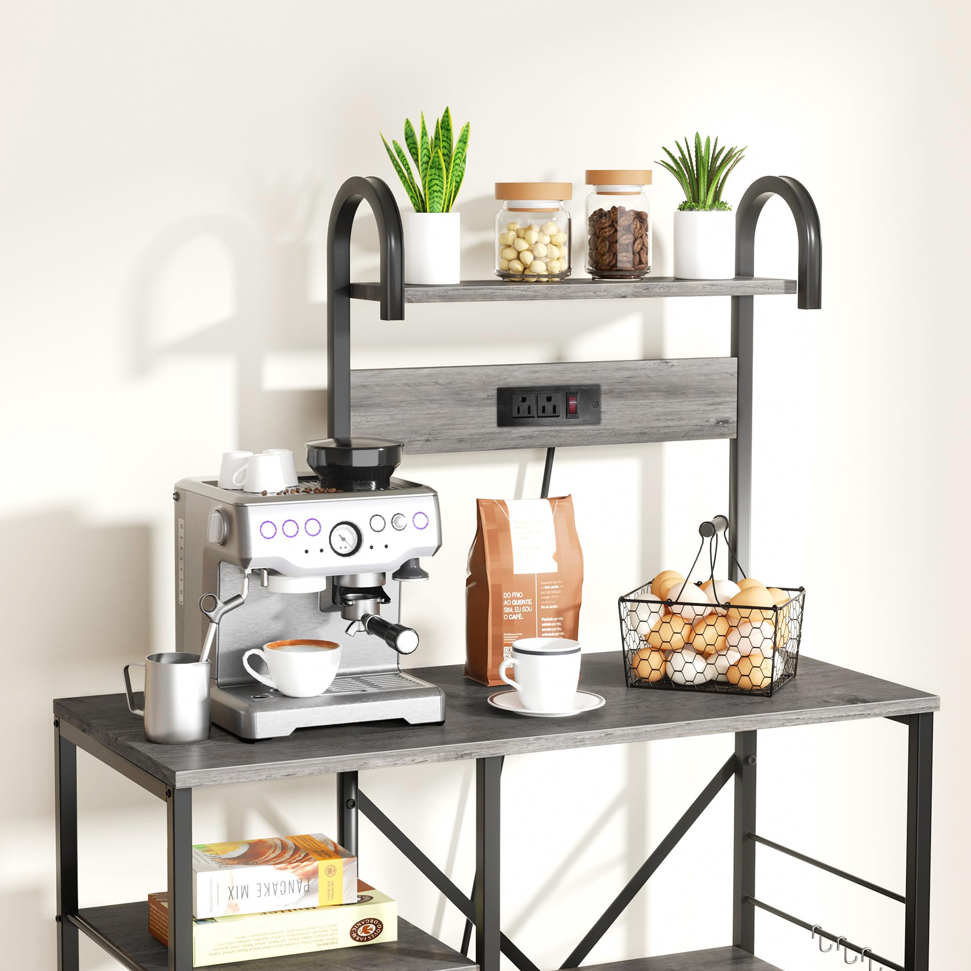JAMFLY Bakers Rack with Power Outlet, Microwave Stand, kitchen Storage Shelf with 6 Hooks, Coffee Bar Station with Wire Basket, 6 Tier Kitchen Rack for Living Room, Spice, Pots and Pans Organizer