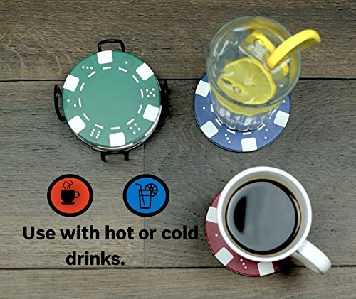 PANCHH Man Cave Coasters with Holder for Drinks & Manly Decor - Cool Kitchen Stuff, Best Housewarming & Birthday Gifts for Men, Guys, Male Best Friend – Casino Theme, Fun Poker Coasters- Home Bar