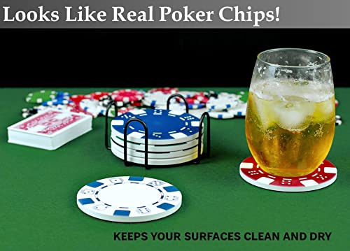 PANCHH Man Cave Coasters with Holder for Drinks & Manly Decor - Cool Kitchen Stuff, Best Housewarming & Birthday Gifts for Men, Guys, Male Best Friend – Casino Theme, Fun Poker Coasters- Home Bar