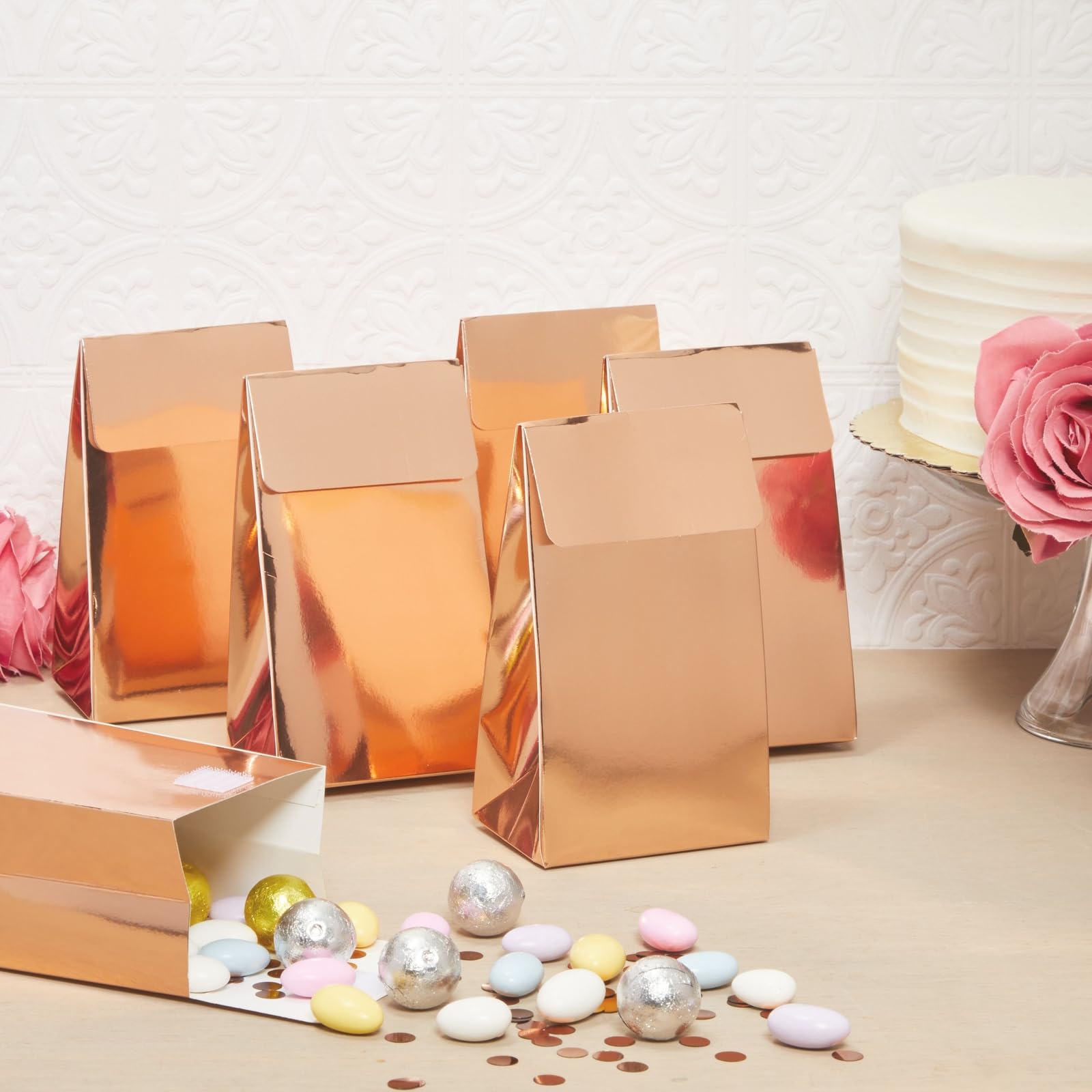 BLUE PANDA Rose Gold Party Favor Gift Bags, Goodie Boxes with Adhesive Stickers (24 Pack)