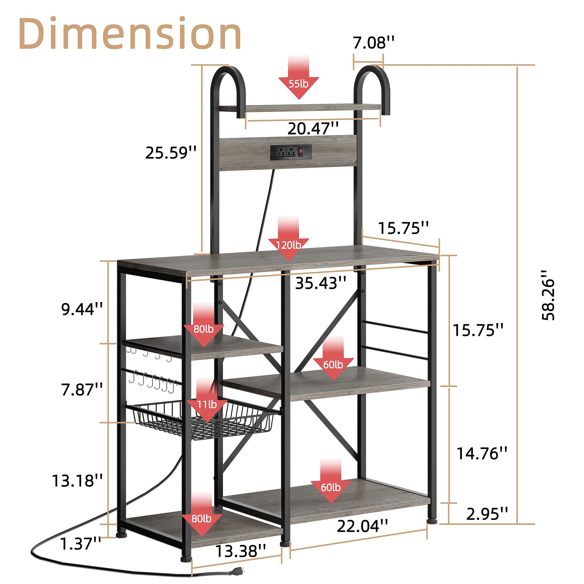 JAMFLY Bakers Rack with Power Outlet, Microwave Stand, kitchen Storage Shelf with 6 Hooks, Coffee Bar Station with Wire Basket, 6 Tier Kitchen Rack for Living Room, Spice, Pots and Pans Organizer