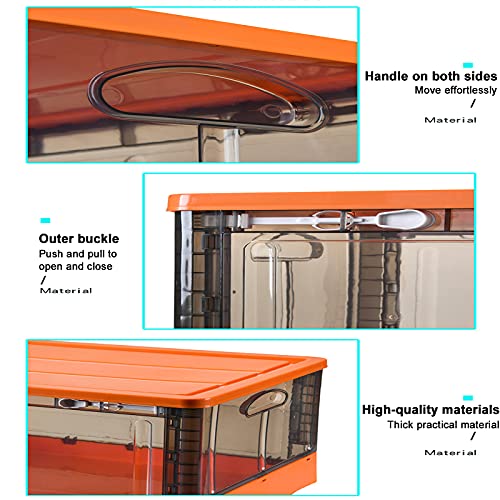 Plastic Collapsible Storage Bins,Stackable Lidded Storage Bins Durable Thick Folding Utility Crates Clear Containers,Storage Cubes Bins Organizer for Wardrobe Closet Groceries-Orange 54l(19.4x14.3x11.