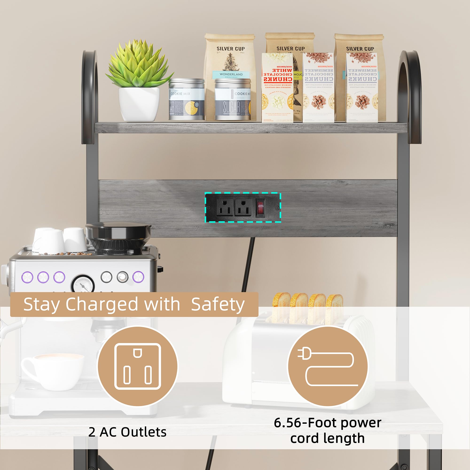 JAMFLY Bakers Rack with Power Outlet, Microwave Stand, kitchen Storage Shelf with 6 Hooks, Coffee Bar Station with Wire Basket, 6 Tier Kitchen Rack for Living Room, Spice, Pots and Pans Organizer