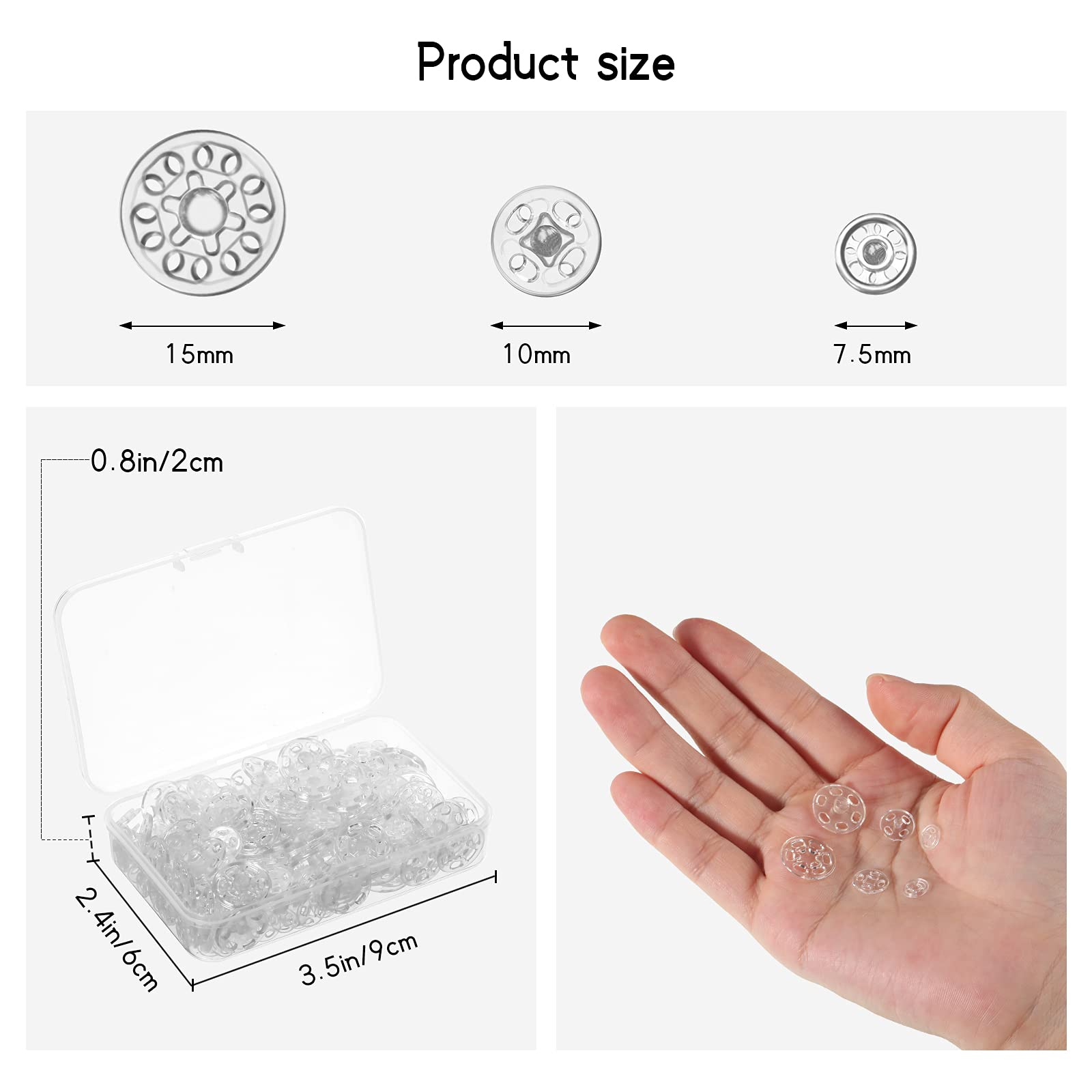150 Sets Plastic Snap Fasteners Buttons Invisible Sewing on Snap Buttons 7.5 mm 10 mm 15 mm Round Clear Press Button Transparent Sew-on Button with Storage Box for Shirts Clothing DIY Craft Baby Bibs