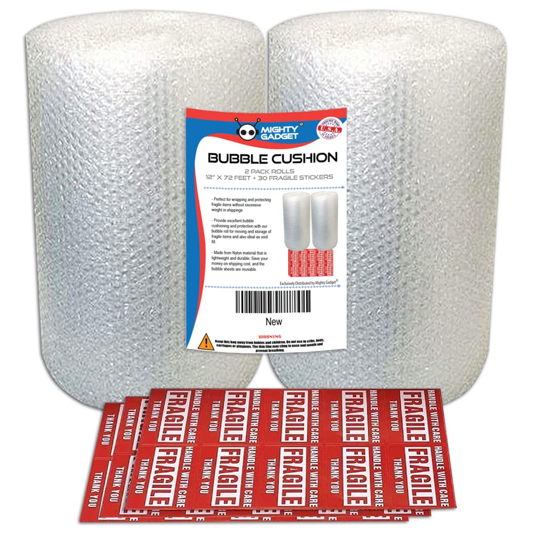 2-Pack Mighty Gadget Bubble Cushioning Wrap Rolls, Air Bubble, 12 Inch x 72 Feet Total, Perforated Every 12", 30 Bonus Fragile Stickers Included
