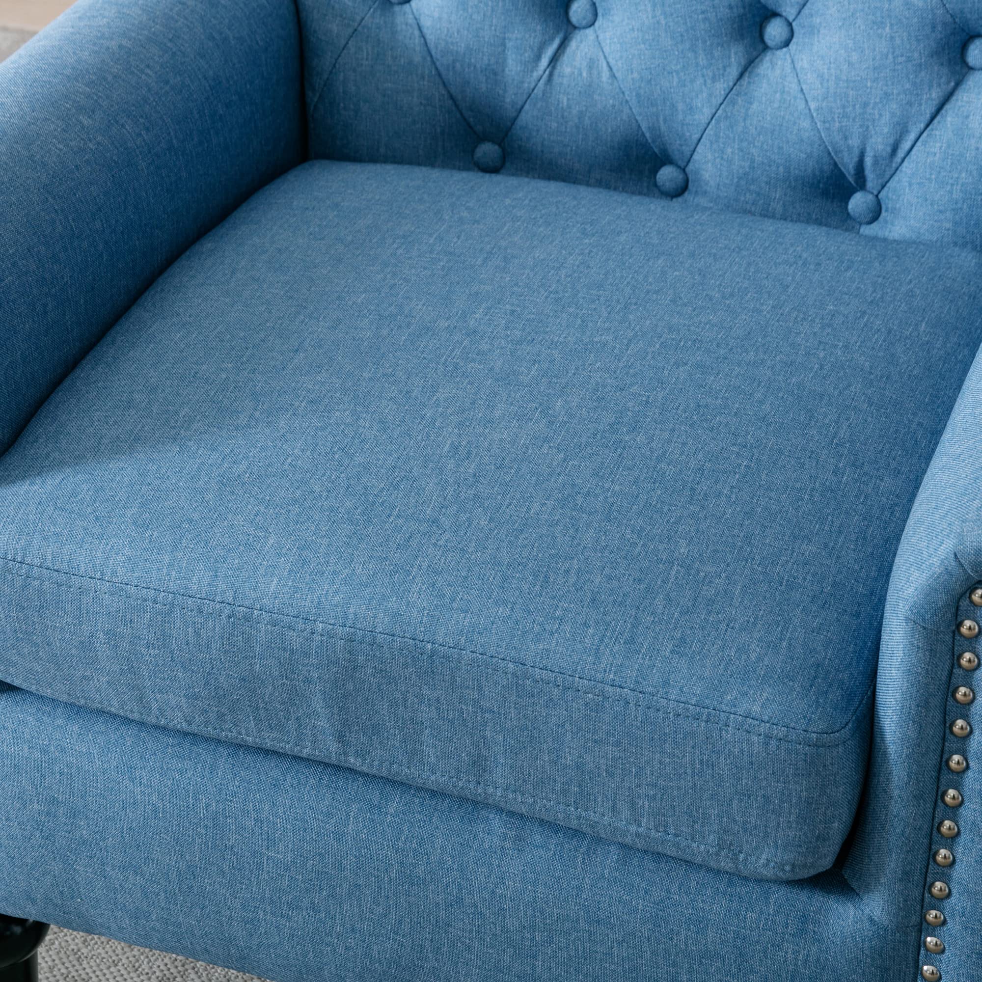 YISH W117081979 Modern Linen Accent Tufted Arm Chair with Thick Cushion and Wood Frame, Comfy Single Sofa with Armrest Backrest for Reading Bedroom Office Club, Blue