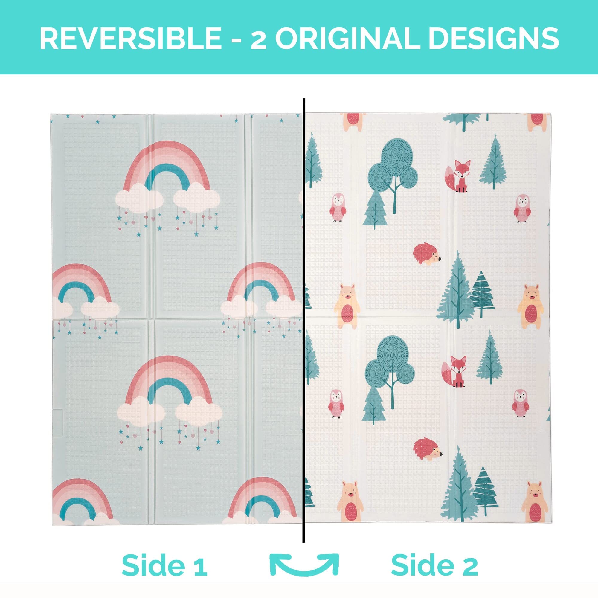 JumpOff Jo - Large Waterproof Foam Padded Play Mat for Infants, Babies, & Toddlers - Play & Tummy Time, Foldable Activity Mat, 70 in. x 59 in. - Woodland, Pack of 1 Rainbow