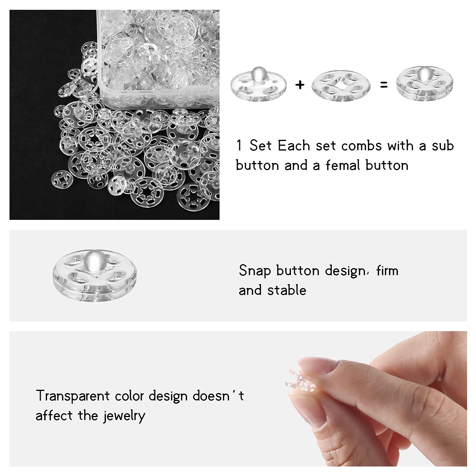 150 Sets Plastic Snap Fasteners Buttons Invisible Sewing on Snap Buttons 7.5 mm 10 mm 15 mm Round Clear Press Button Transparent Sew-on Button with Storage Box for Shirts Clothing DIY Craft Baby Bibs