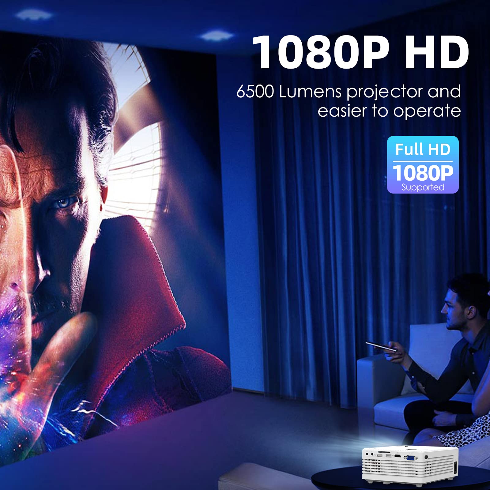 MOSECO 2022 Upgraded 7500Lumens Mini Projector, Full HD 1080P & 200" Display Supported, Portable Movie Projector Compatible with Phone, TV Stick, PS4, HDMI, AV, Dual USB [Tripod Included]