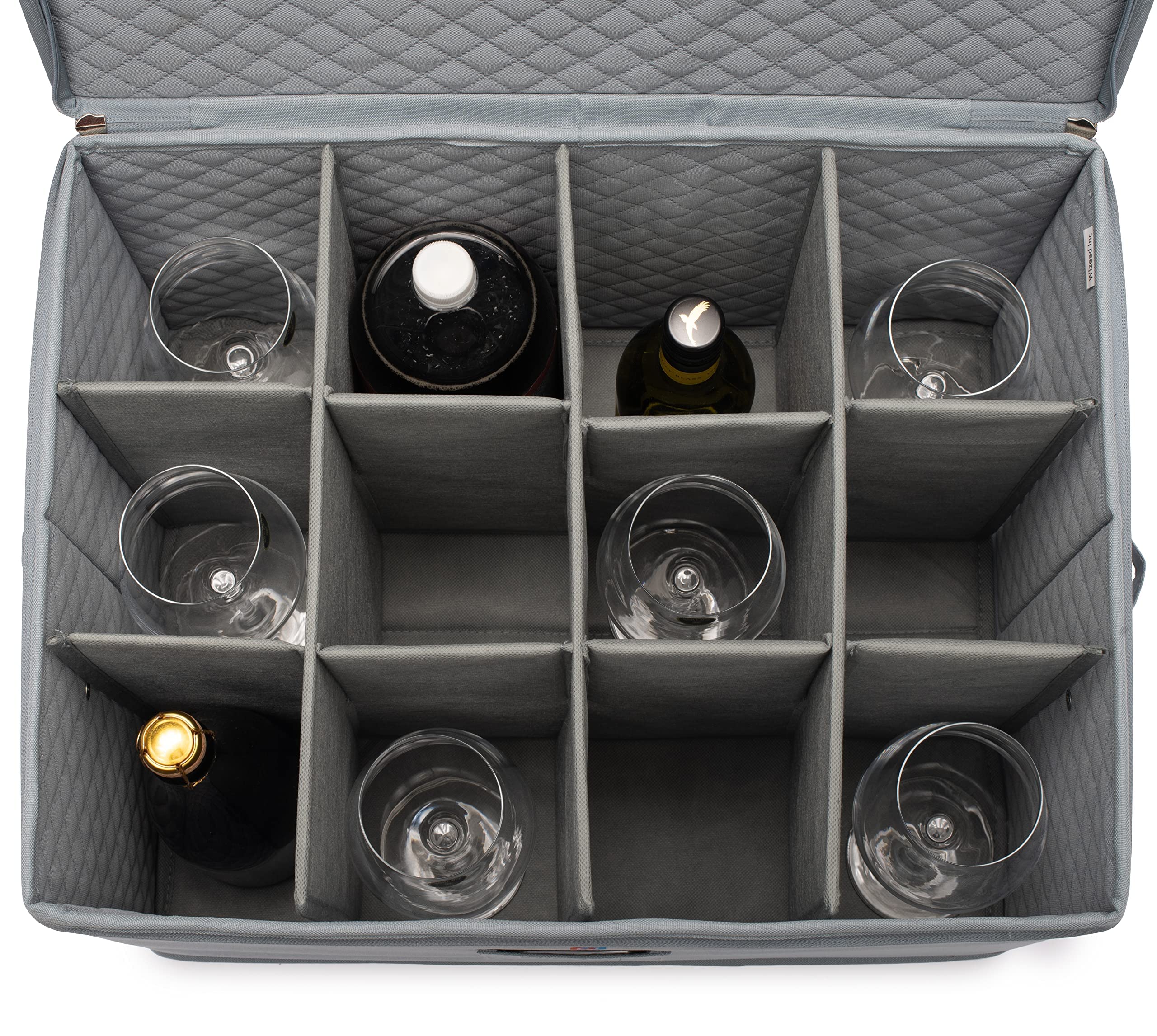 XX-Large Tall Stemware Wine Glass Storage Container (20x15.5x13.2 In). Fully Padded 12-Large Compartments With Hard Top, Bottom and Sides. For Wine Bottles, Glasses, Flutes Up To 13.2 Inches Tall