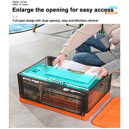 Plastic Collapsible Storage Bins,Stackable Lidded Storage Bins Durable Thick Folding Utility Crates Clear Containers,Storage Cubes Bins Organizer for Wardrobe Closet Groceries-Orange 54l(19.4x14.3x11.