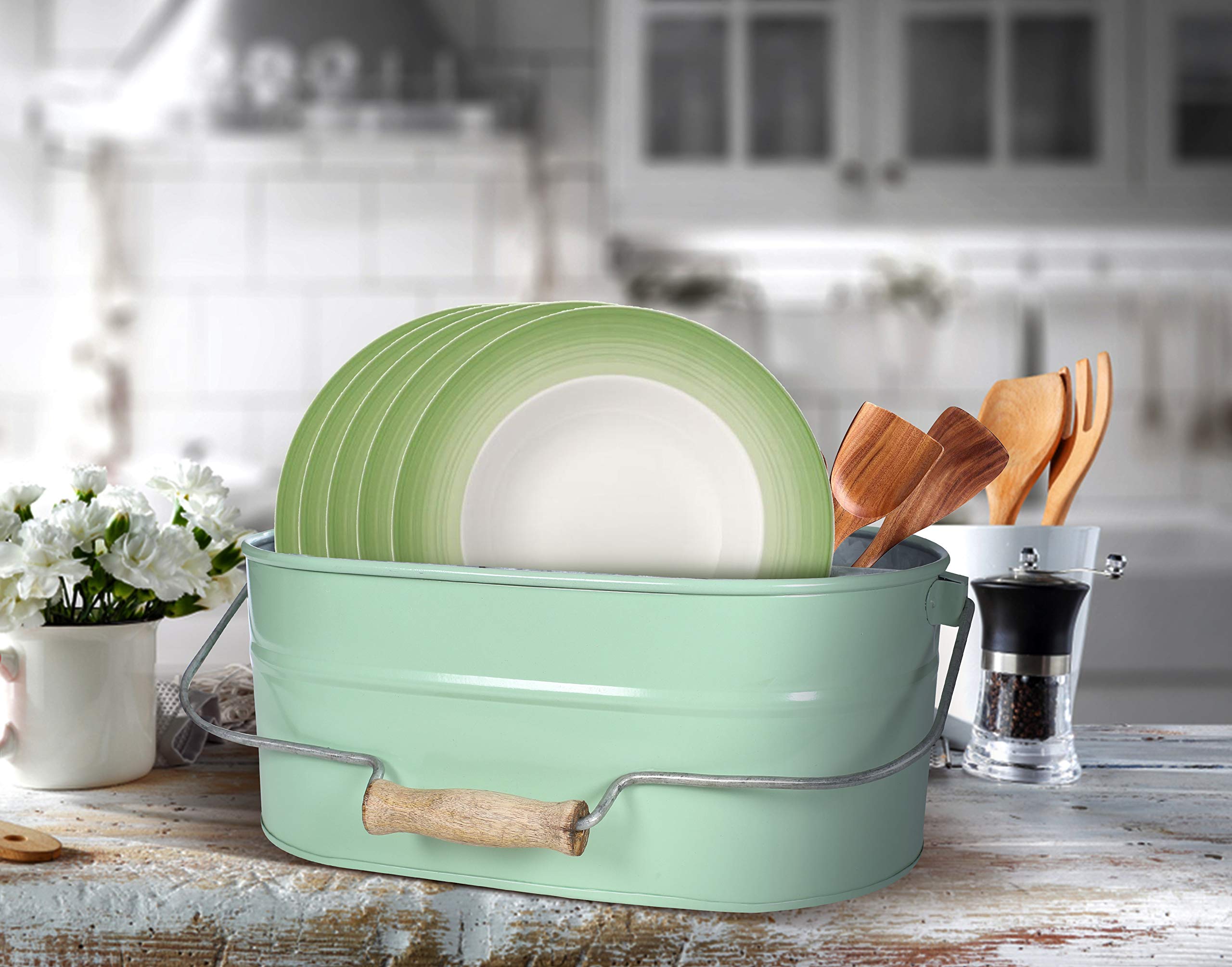 Galvanized Metal Caddy with 4 Compartments, Kitchen Utensil Holder, Drink Tub Caddy, Picnic Caddy, Serveware Utensil Organizer, Multipurpose Storage Bin With Handle- 12 Inch- Aqua