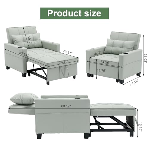 HForesty 3-in-1 Pull Out Sofa Bed, Convertible Chair Bed with USB Port, Sleeper Sofa Couch with 3-Level Adjustable Backrest, Sofa Bed Couch with Breathable Linen Fabric for Living Room, Green
