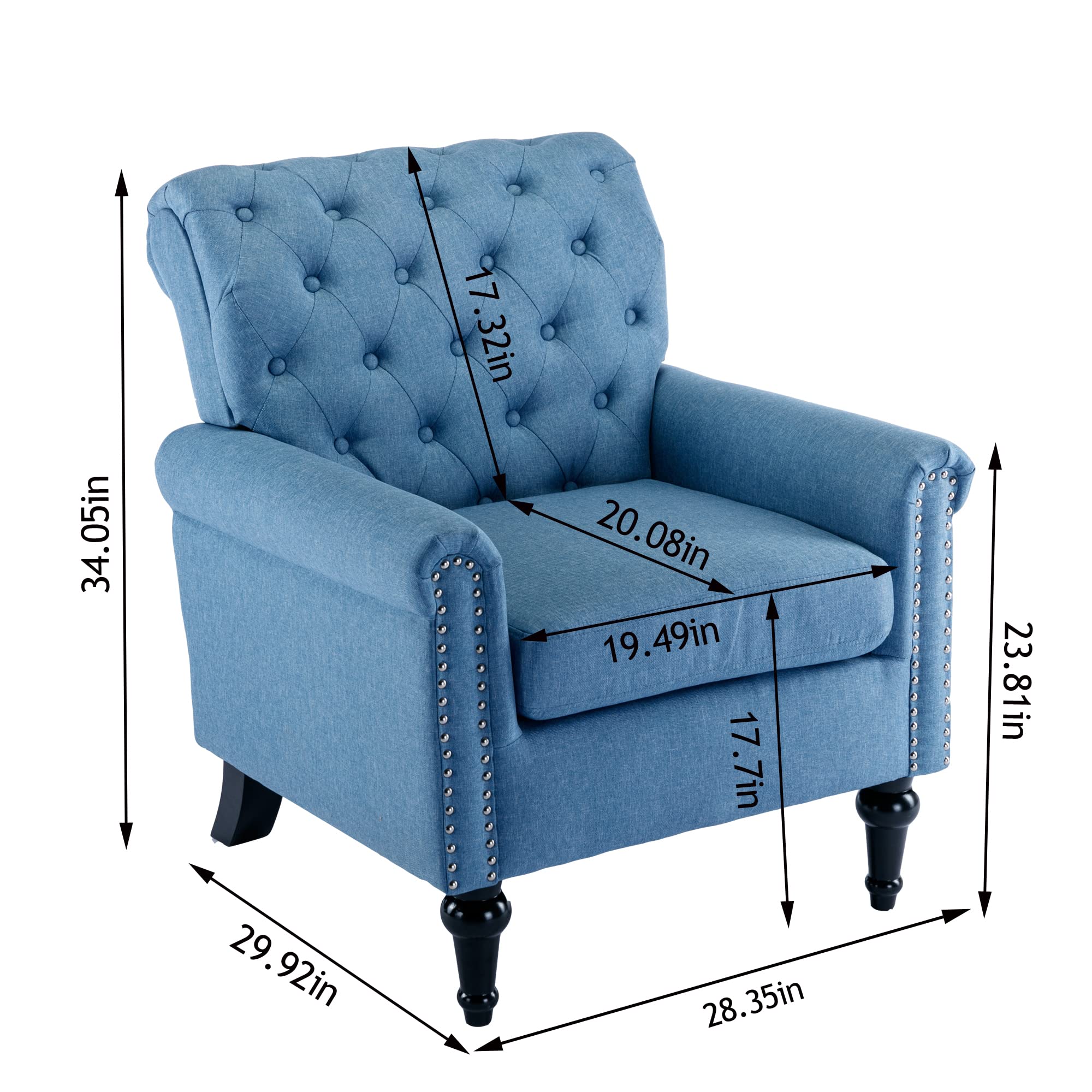 YISH W117081979 Modern Linen Accent Tufted Arm Chair with Thick Cushion and Wood Frame, Comfy Single Sofa with Armrest Backrest for Reading Bedroom Office Club, Blue