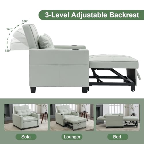 HForesty 3-in-1 Pull Out Sofa Bed, Convertible Chair Bed with USB Port, Sleeper Sofa Couch with 3-Level Adjustable Backrest, Sofa Bed Couch with Breathable Linen Fabric for Living Room, Green