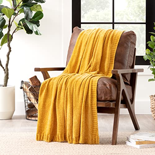 Chanasya Chenille Yellow Knit Throw Blanket - Super Soft Sweature Textured Classy Subtle Shimmer Decorative Knitted Blanket for Sofa Couch Bed Living Room Housewarming Gift (50x65 Inches) Yellow