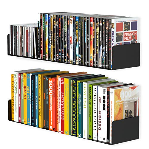Wallniture Bali Floating Bookshelf and CD DVD Storage Shelves, Video Game Shelf Set of 2, Metal 24 Inch Black Floating Shelves for Wall