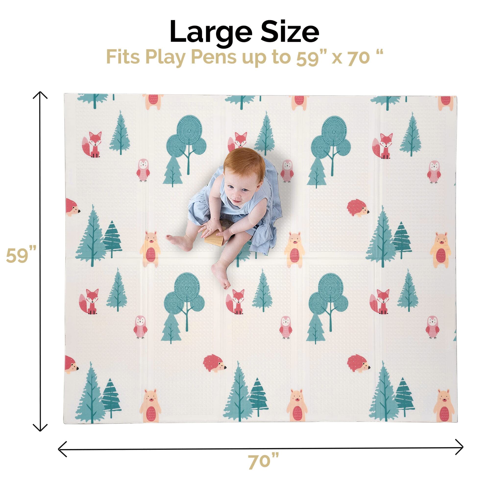 JumpOff Jo - Large Waterproof Foam Padded Play Mat for Infants, Babies, & Toddlers - Play & Tummy Time, Foldable Activity Mat, 70 in. x 59 in. - Woodland, Pack of 1 Rainbow