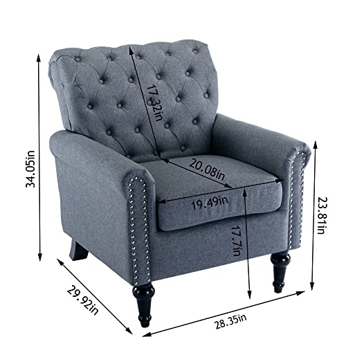 YISH W117081980 Modern Linen Accent Tufted Arm Chair with Thick Cushion and Wood Frame, Comfy Single Sofa with Armrest Backrest for Reading Bedroom Office Club, Dark Gray