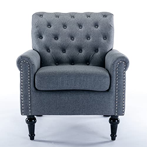 YISH W117081980 Modern Linen Accent Tufted Arm Chair with Thick Cushion and Wood Frame, Comfy Single Sofa with Armrest Backrest for Reading Bedroom Office Club, Dark Gray