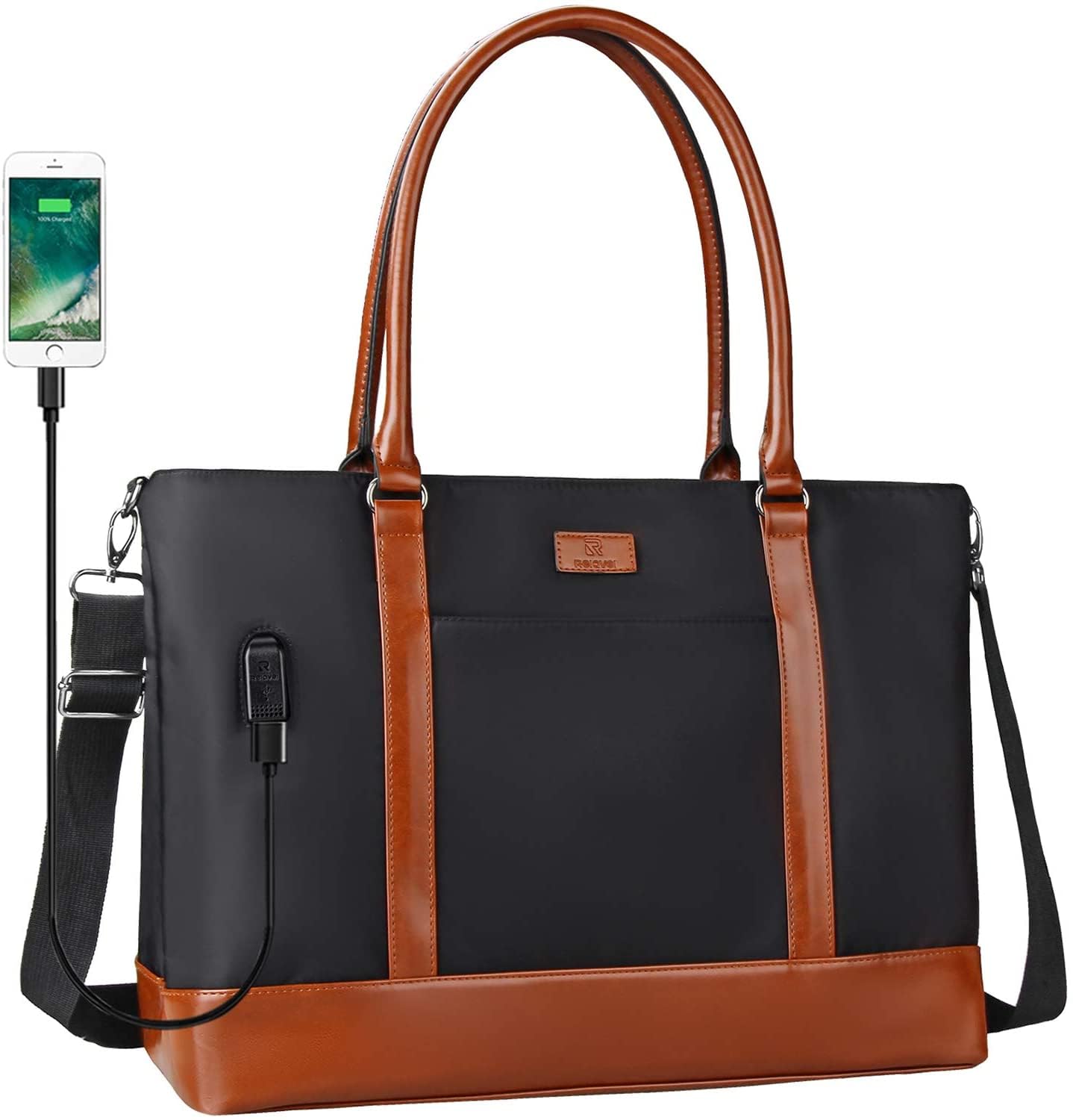 Woman Laptop Tote Bag, USB Teacher Bag, Large Work Bag Purse Fits 15.6 in Laptop, Lightweight Waterproof Leather Laptop Bag Shoulder Bag, Messenger Bag